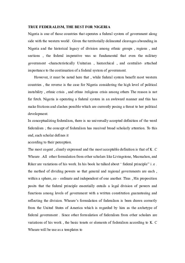 (DOC) TRUE FEDERALISM, THE BEST FOR NIGERIA