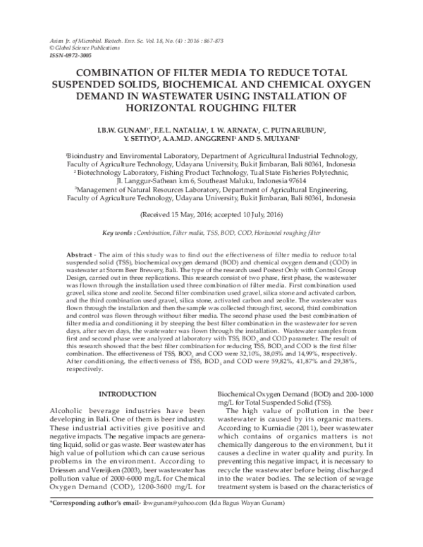 (PDF) COMBINATION OF FILTER MEDIA TO REDUCE TOTAL SUSPENDED SOLIDS ...