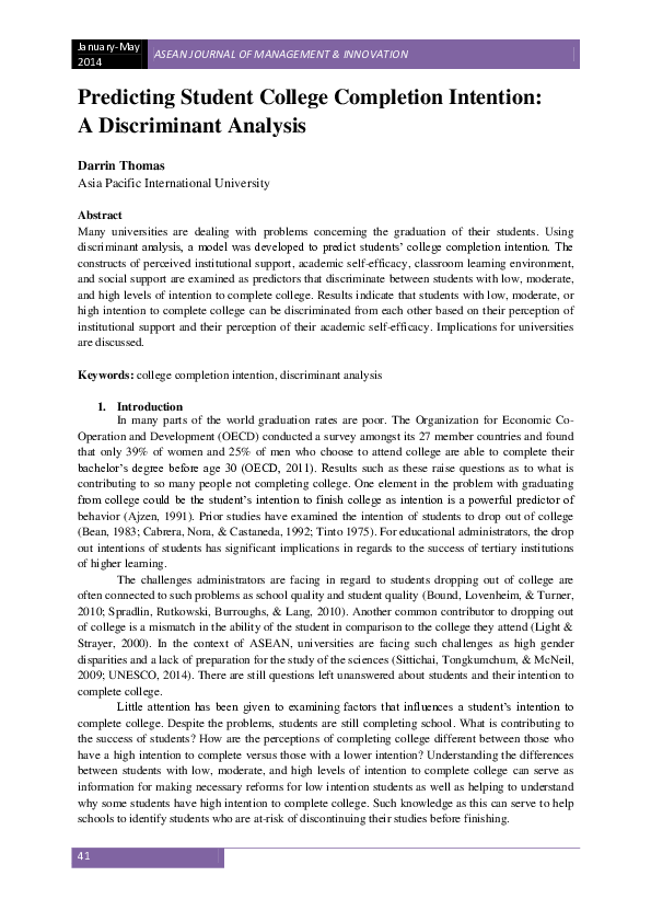 (PDF) Predicting Student College Completion Intention: A Discriminant Analysis
