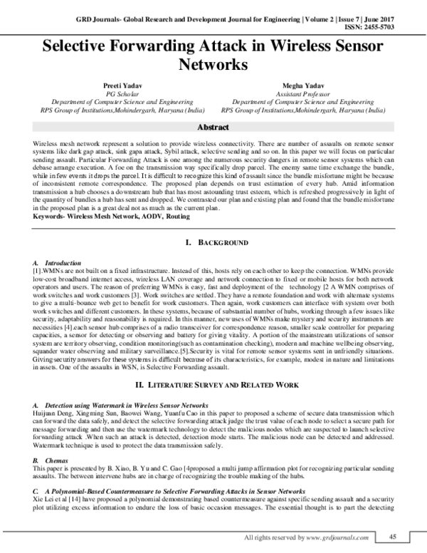 Pdf Selective Forwarding Attack Detection In Wsns