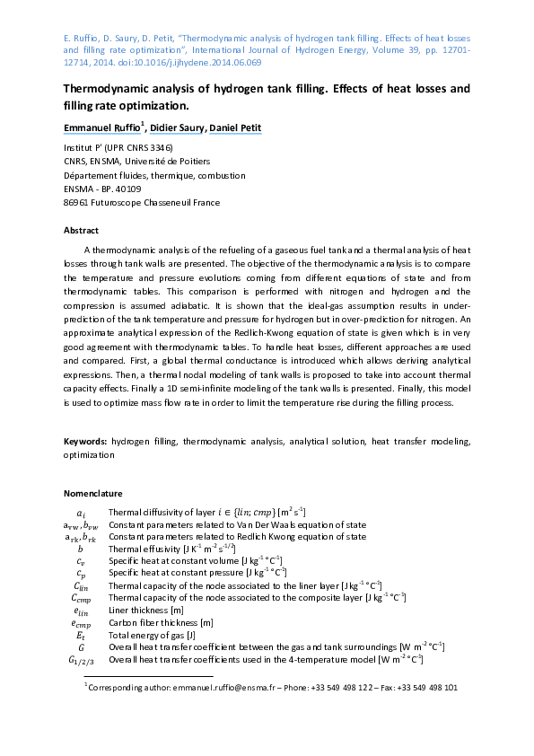 (PDF) Thermodynamic analysis of hydrogen tank filling. Effects of heat ...