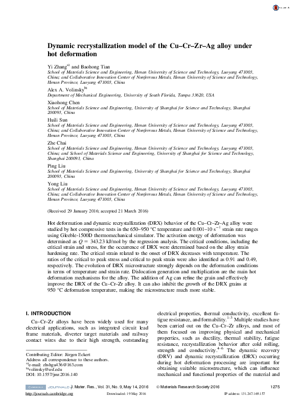 (PDF) Dynamic recrystallization model of the Cu–Cr–Zr–Ag alloy under hot deformation