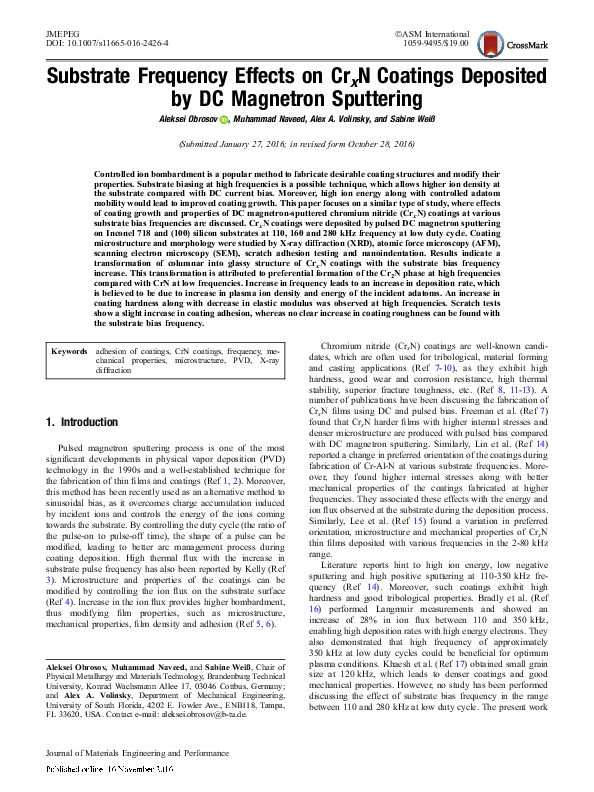 (PDF) Substrate Frequency Effects on Cr x N Coatings Deposited by DC ...