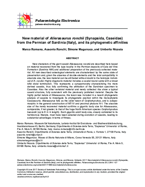 (PDF) New material of Alierasaurus ronchii (Synapsida, Caseidae) from ...