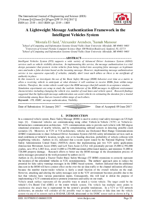 (PDF) A Lightweight Message Authentication Framework in the Intelligent Vehicles System