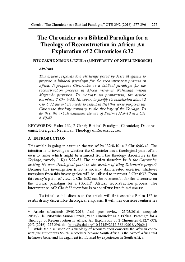 (PDF) The Chronicler as a Biblical Paradigm for a Theology of ...