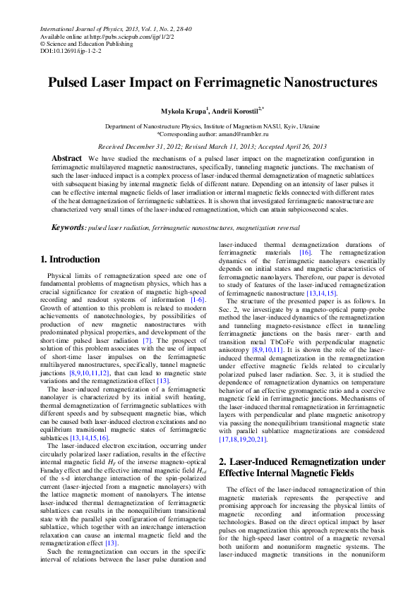 (PDF) Pulsed Laser Impact on Ferrimagnetic Nanostructures