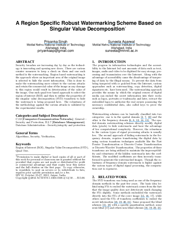 Pdf A Region Specific Robust Watermarking Scheme Based On Singular Value Decomposition