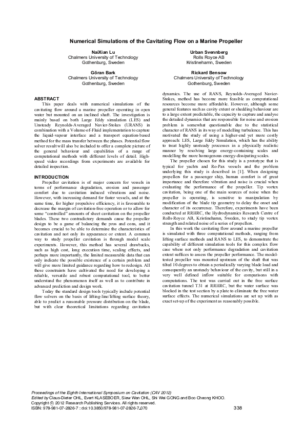 (PDF) Numerical Simulations of the Cavitating Flow on a Marine Propeller