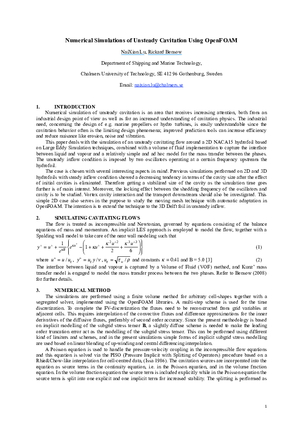 (PDF) Numerical Simulations of Unsteady Cavitation Using OpenFOAM