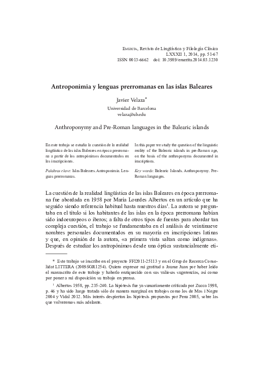(PDF) Anthroponymy and Pre-Roman languages in the Balearic islands