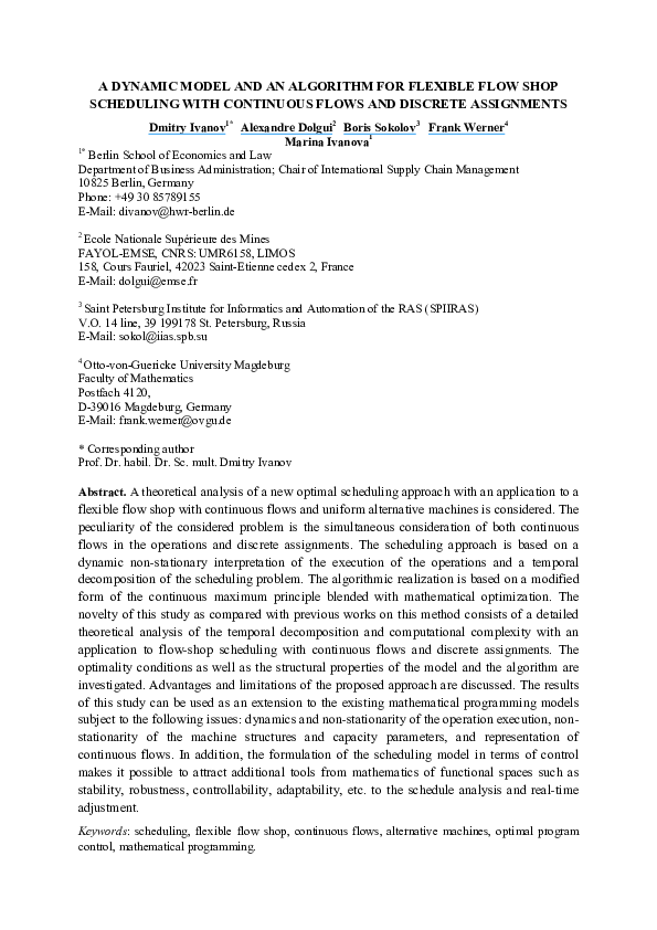 Pdf A Dynamic Model And An Algorithm For Short Term Supply Chain Scheduling In The Smart