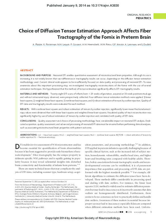 (PDF) Choice of Diffusion Tensor Estimation Approach Affects Fiber Tractography of the Fornix in ...