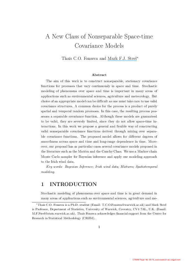 (PDF) A general class of nonseparable space-time covariance models