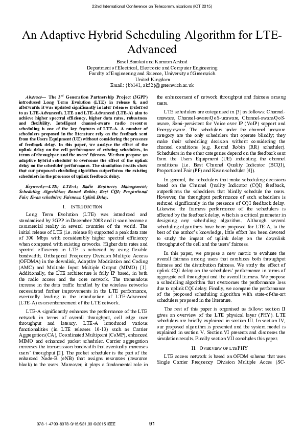 Pdf An Adaptive Hybrid Scheduling Algorithm For Lte Advanced