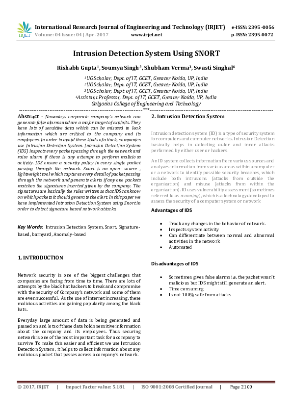 (PDF) Intrusion Detection System Using SNORT
