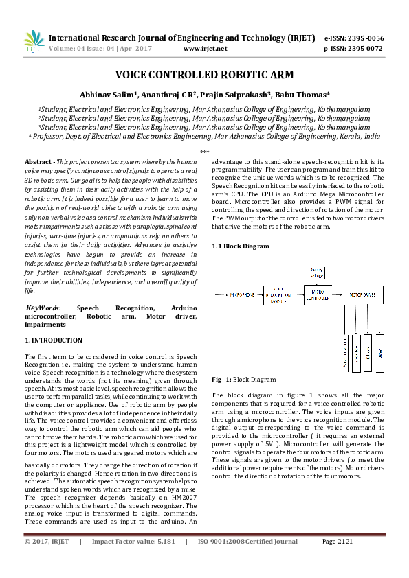 (PDF) VOICE CONTROLLED ROBOTIC ARM