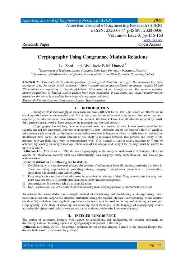 (PDF) Cryptography Using Congruence Modulo Relations