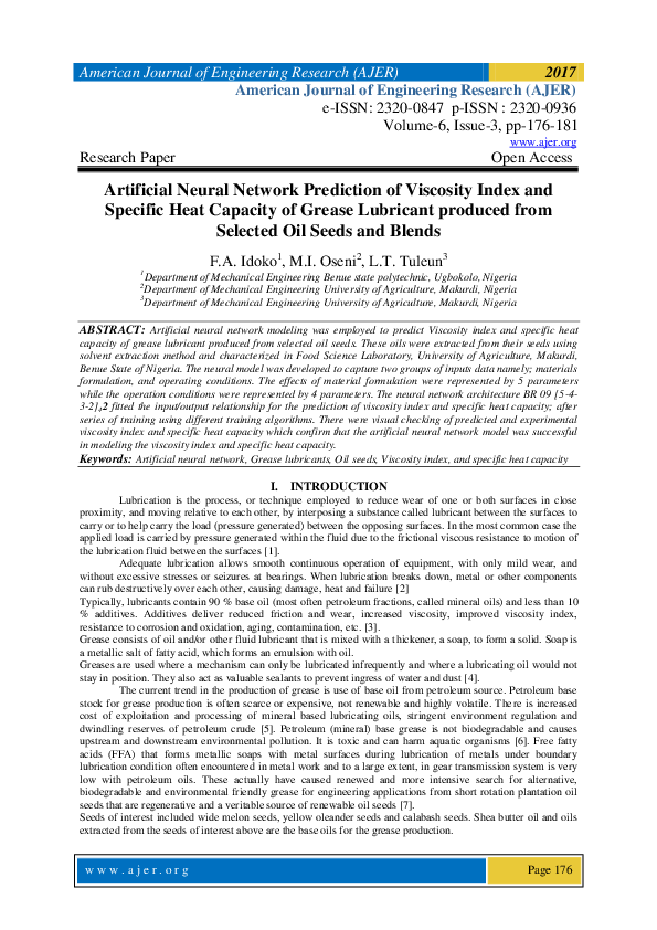 Pdf Artificial Neural Network Prediction Of Viscosity Index And Specific Heat Capacity Of