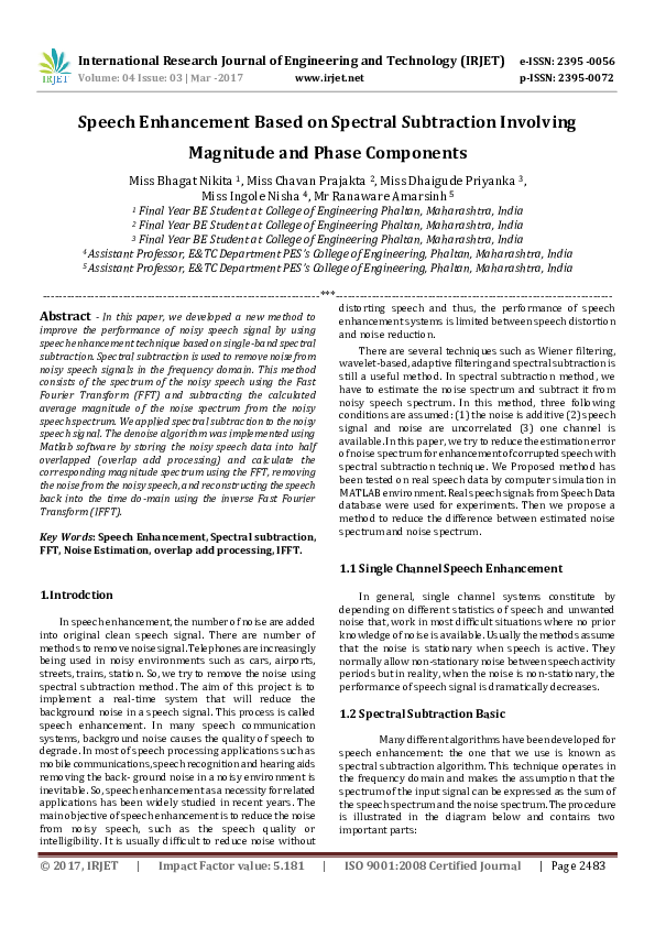 Pdf Speech Enhancement Based On Spectral Subtraction Involving Magnitude And Phase Components