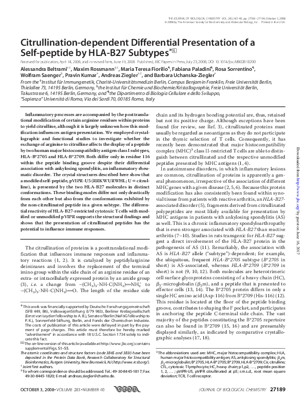 (PDF) Citrullination-dependent Differential Presentation of a Self-peptide by HLA-B27 Subtypes