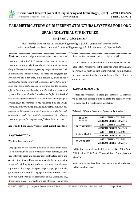 (PDF) PARAMETRIC STUDY OF DIFFERENT STRUCTURAL SYSTEMS FOR LONG SPAN ...