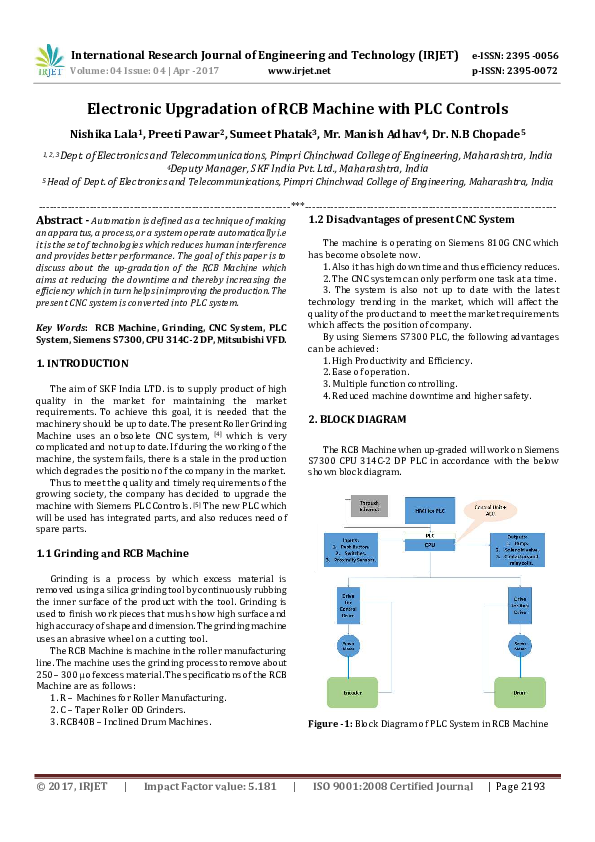 (PDF) Electronic Upgradation of RCB Machine with PLC Controls