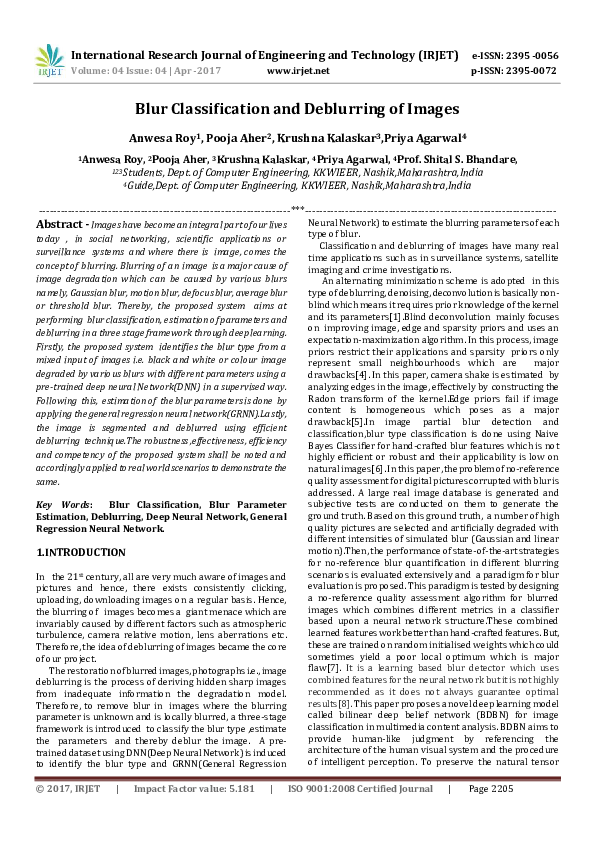 (PDF) Blur Classification and Deblurring of Images