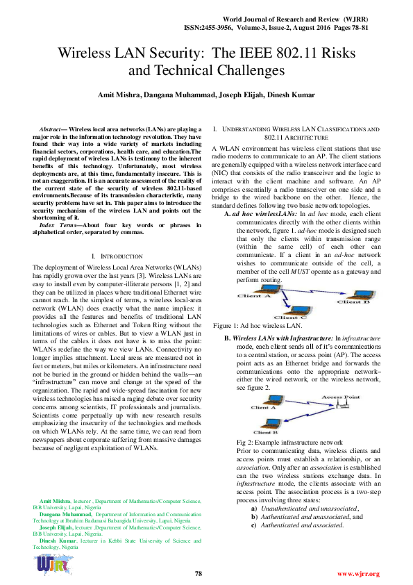 Pdf Wireless Lan Security The Ieee 802 11 Risks And Technical Challenges