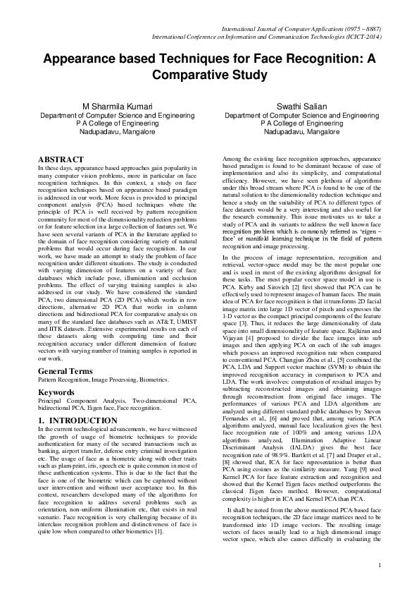 (PDF) Appearance based Techniques for Face Recognition: A Comparative Study