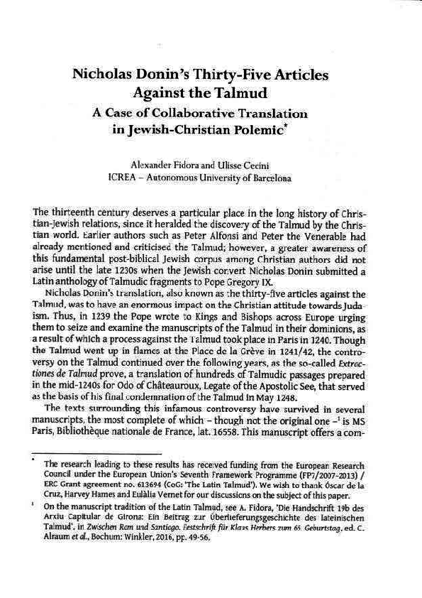 (PDF) Nicholas Donin’s Thirty-five Articles Against the Talmud. A case ...