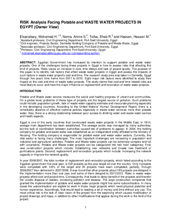 (PDF) RISK Analysis Facing Potable and WASTE WATER PROJECTS IN EGYPT ...