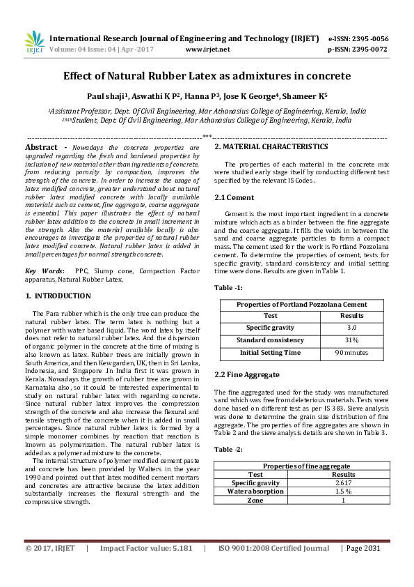 (PDF) Effect of Natural Rubber Latex as admixtures in concrete