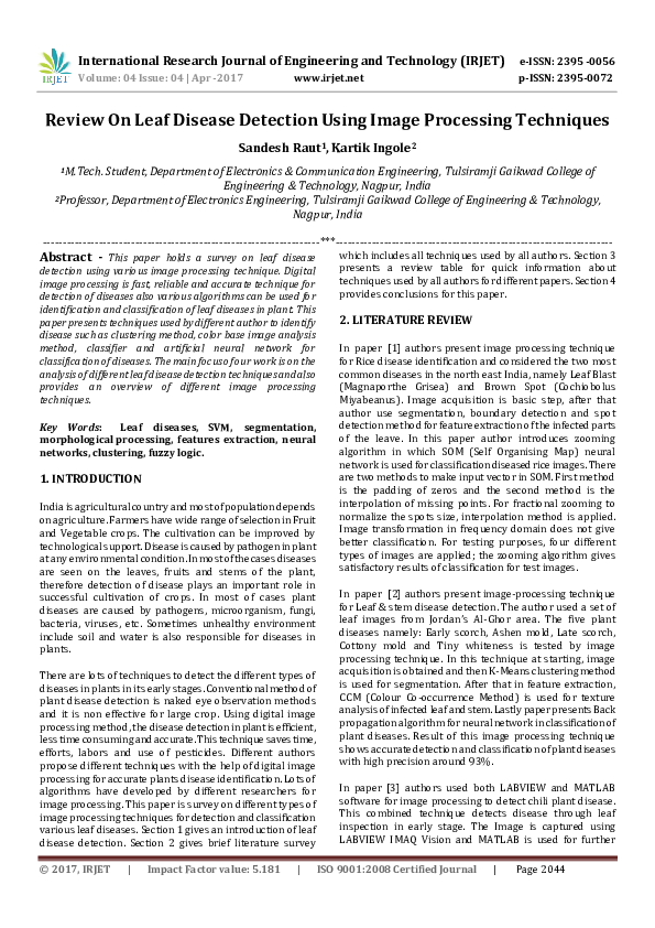 (PDF) Review On Leaf Disease Detection Using Image Processing Techniques