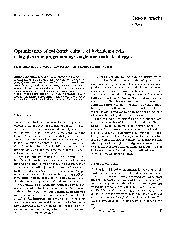 (PDF) Optimisation of fed-batch culture of hybridoma cells using dynamic programming: single and ...
