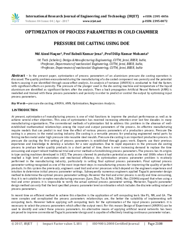 (PDF) OPTIMIZATION OF PROCESS PARAMETERS IN COLD CHAMBER PRESSURE DIE CASTING USING DOE