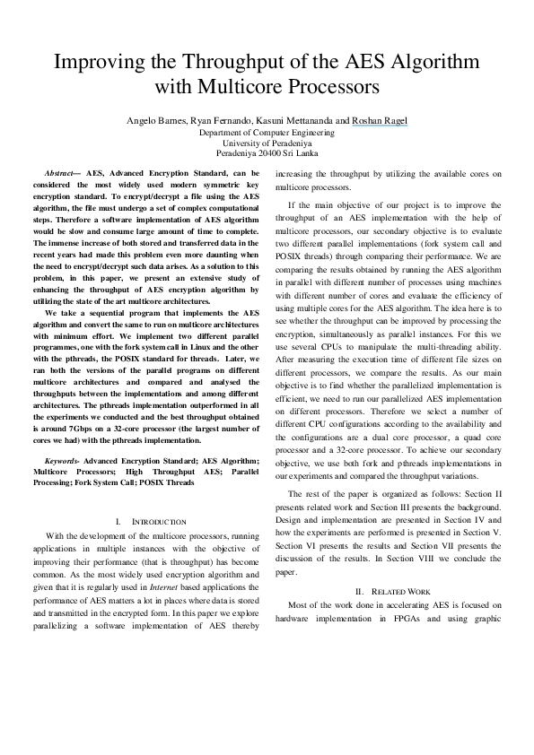 Pdf Improving The Throughput Of The Aes Algorithm With Multicore Processors K Mettananda