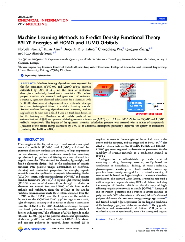 Pdf Machine Learning Methods To Predict Density Functional Theory B3lyp Energies Of Homo And