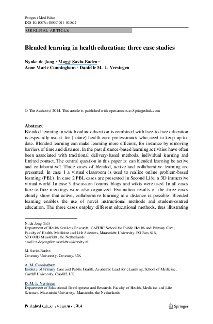 (PDF) Blended learning in health education: three case studies