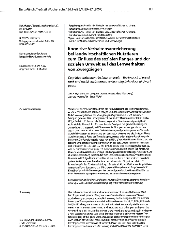 (PDF) [Cognitive enrichment in farm animals--the impact of social rank ...