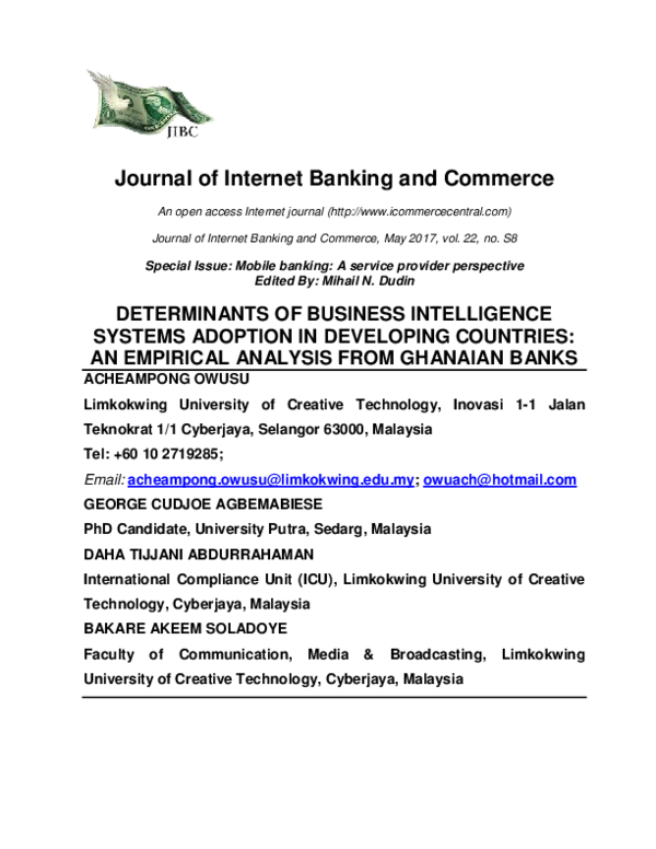 (PDF) Journal of Internet Banking and Commerce DETERMINANTS OF BUSINESS INTELLIGENCE SYSTEMS ...