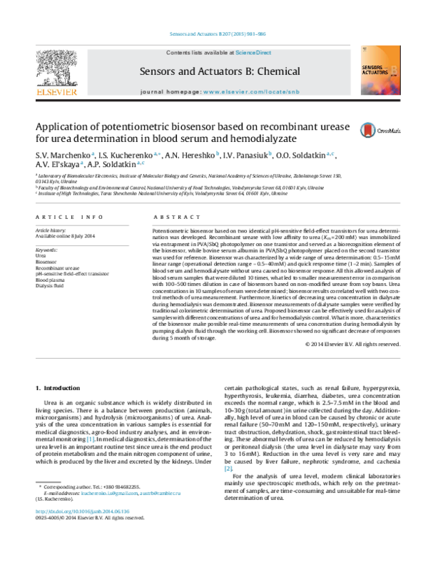 Pdf Application Of Potentiometric Biosensor Based On Recombinant Urease For Urea Determination