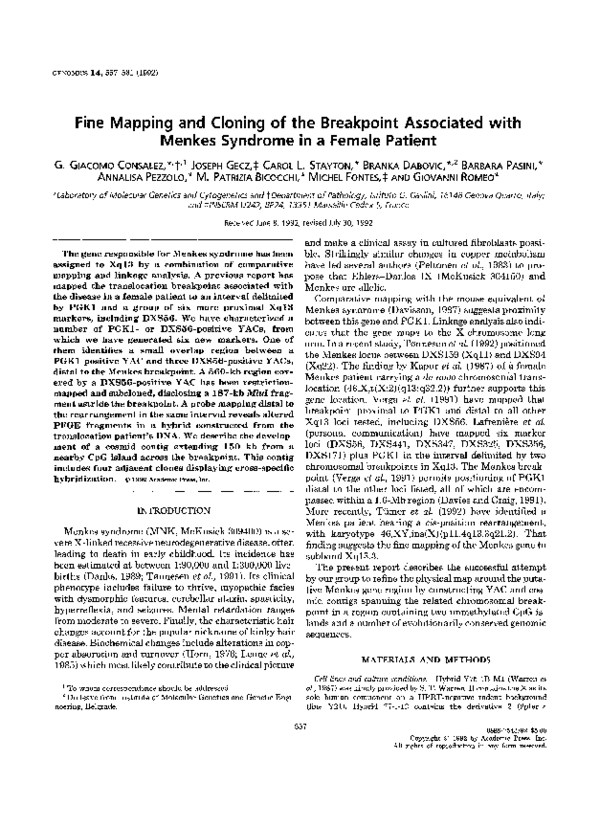 (PDF) Fine mapping and cloning of the breakpoint associated with menkes ...