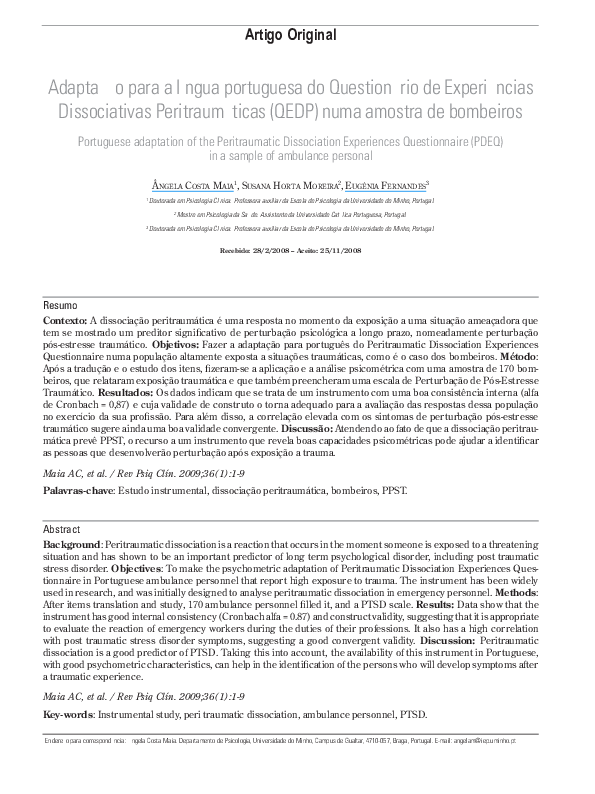 (PDF) Portuguese adaptation of the Peritraumatic Dissociation ...