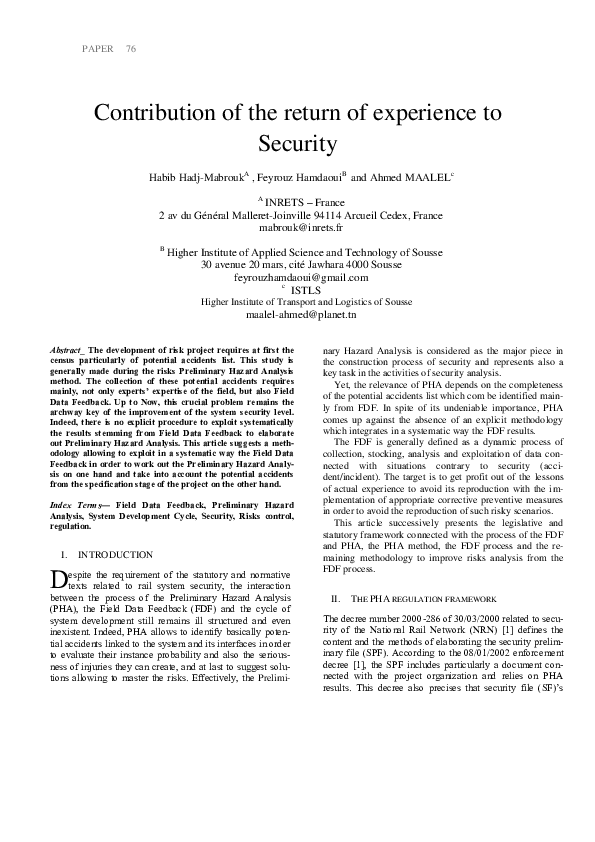 (PDF) Contribution of the return of experience to Security