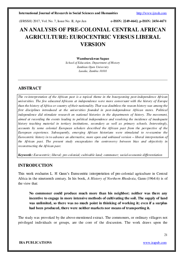 (PDF) AN ANALYSIS OF PRE-COLONIAL CENTRAL AFRICAN AGRICULTURE ...