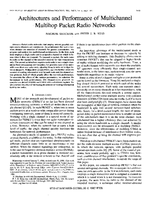 (PDF) Architectures and Performance of Multichannel Multihop Packet Radio Networks | Peter King ...