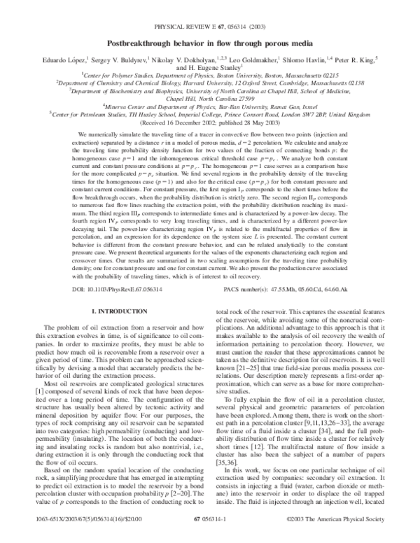 (PDF) Postbreakthrough behavior in flow through porous media | Peter King - Academia.edu
