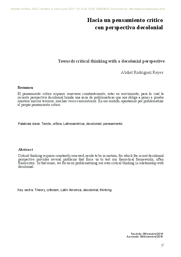 (PDF) Hacia un pensamiento crítico con perspectiva decolonial