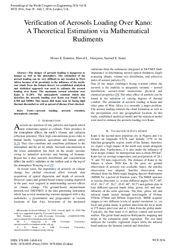 (PDF) Verification of Aerosols Loading Over Kano: A Theoretical Estimation via Mathematical ...